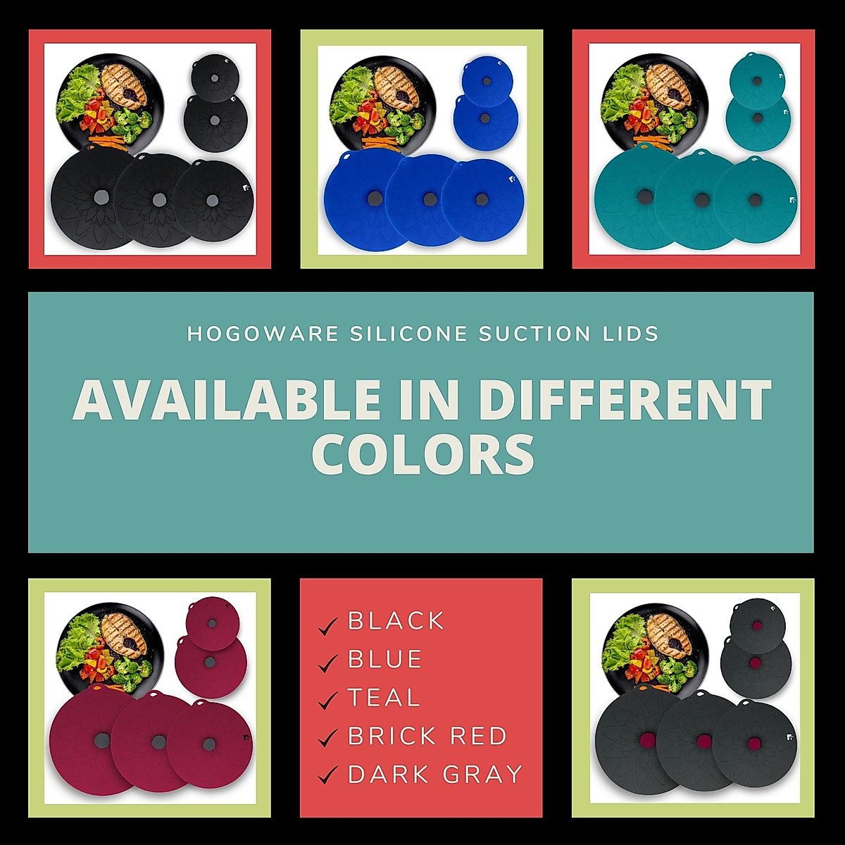 HOGOWARE Set of 5 Premium Silicone Lids for Bowls and Food Covers - 6, 8, 10, 12, 13.5" - Brick Red Suction Lid - Reusable - Microwave Airtight Seal Lid Covers for Pots, Pans, Bowls, Cups, Skillets