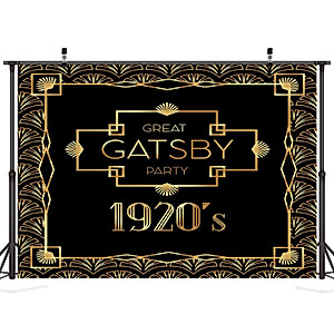 CORFOTO Fabric 9x6ft Gatsby Backdrop Photography Background for Birthday Party Decoration Black Gold Pattern Retro 1920s Roaring Holiday Celebration Prom Banner Dining Room Wall Hanging Props