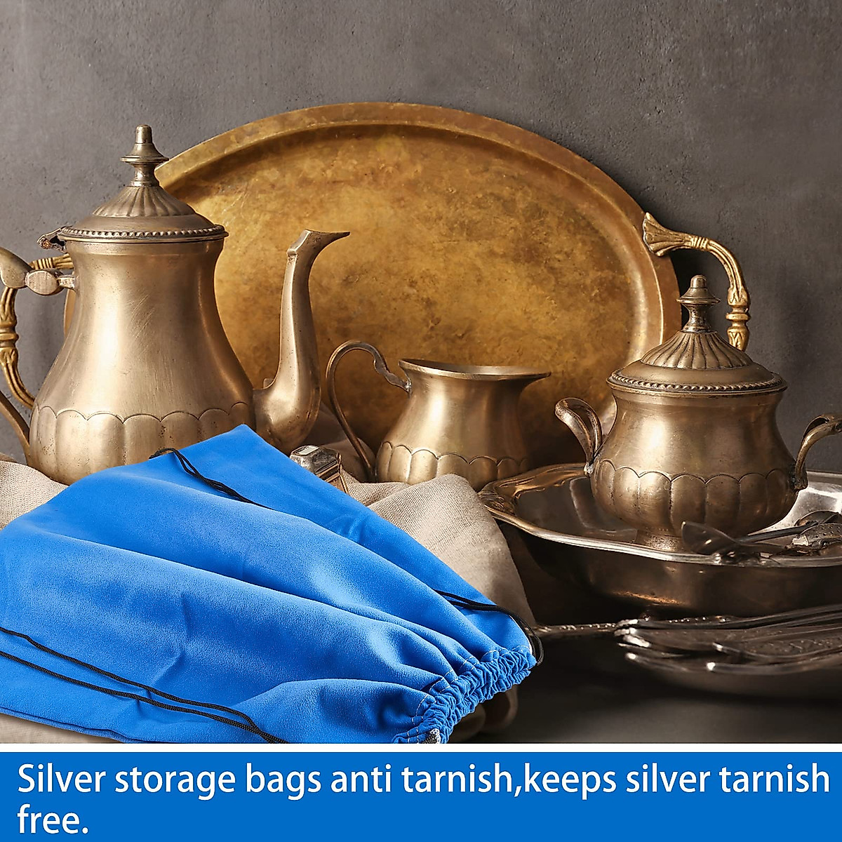 4 Pcs Anti Tarnish Storage Bag with 2 Pcs Silver Polishing Cloth 18 x 18 Inch Fabric Cloth Bags Blue Anti Tarnish Jewelry Storage Bags Silverware Bags for Silverware Silverplate Flatware Silver Trays