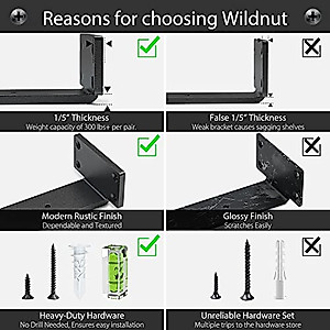 Heavy Duty Shelf Brackets 6 inch (1/5") Thick, 6 Pack Floating Hidden Shelf Brackets, Rustic Industrial Shelf Brackets with Modern Iron Finish