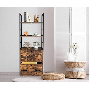 VINGLI 2 Drawer Veritical File Cabinet with Open Shelves and Wheels, Wooden Filing Cabinet with Lock, Industrial Bookshelf, File Cabinet for Home Office, Letter/Legal Size, Rustic Brown