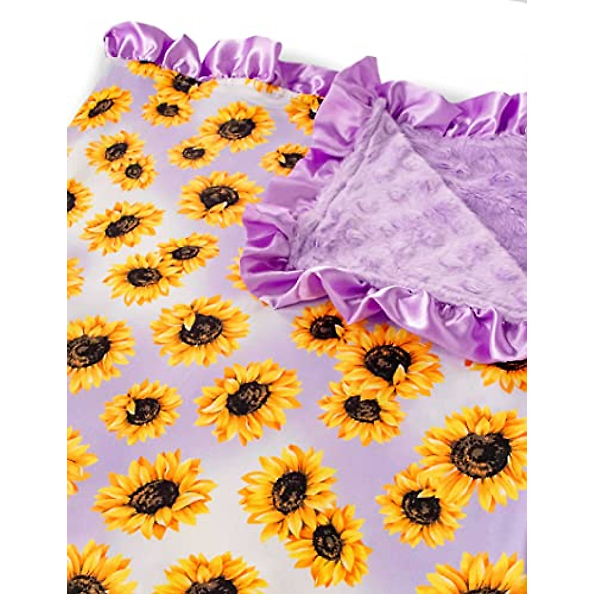 Top Tots Baby Blanket - Small Sunflowers with Purple Minky Dot & Satin Ruffle, 31 x 31 Inch Yellow