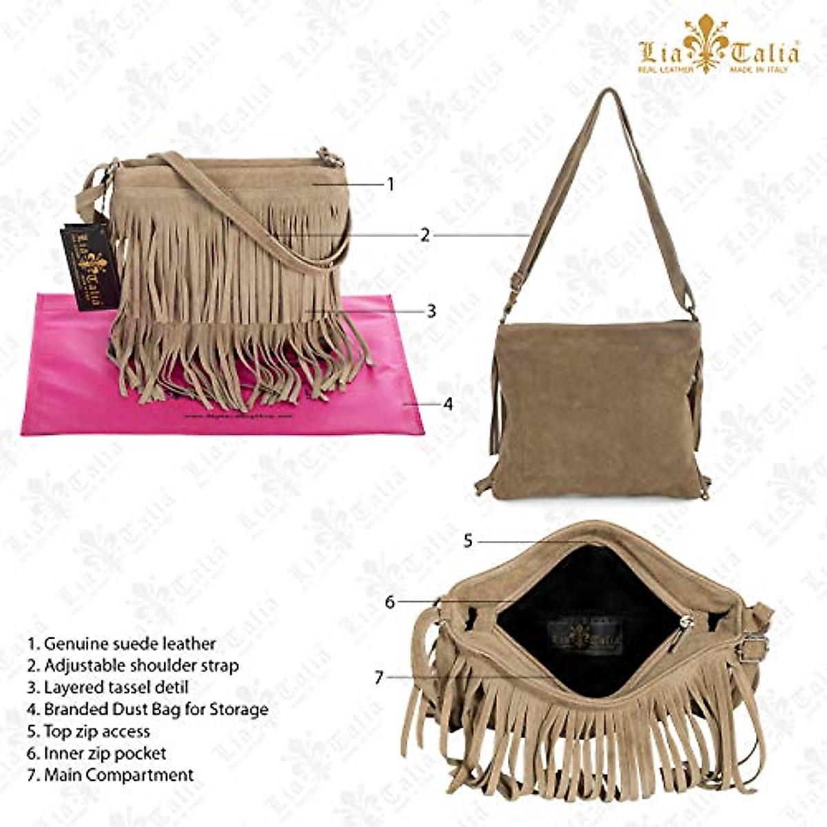 LiaTalia Womens Fringe Handbag - Real Italian Suede Leather - Cross-Body Messenger Bag (SmallMini Size) - ASHLEY [Navy]