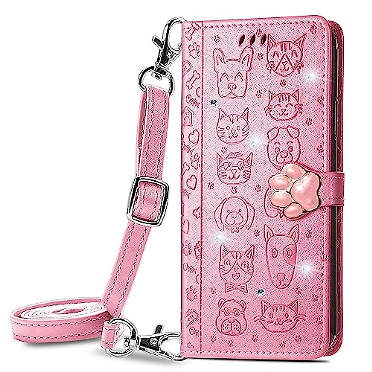 ONV Wallet Case for Oppo Realme 7 Pro - Adjustable Strap Sparkly Animal Leather Folio Cover Card Holder Anti-Shock Stand Magnet Flip Case for Oppo Realme 7 Pro [MG] -Pink