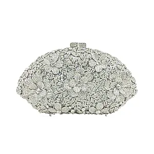 Dazzling Flower Women Silver Crystal Clutch Evening Bag Wedding Party Diamond Handbag and Purse
