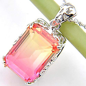 Khongkwan Wedding Rectangle Watermelon Bi Colored Tourmaline Solid Silver Necklace Pendant by GIFTWEDDINGJEWELRYSHOP