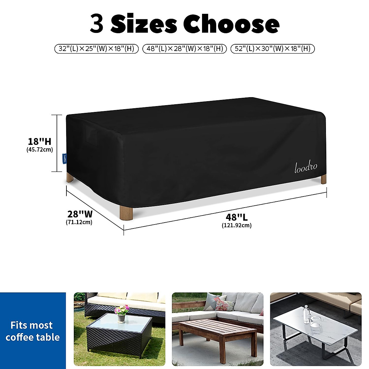 LooDro Rectangular Patio Coffee Table Cover Waterproof, 100% Waterproof Heavy Duty Oxford Cloth (32''Lx25''Dx18''H) Premium Durable Patio Table Cover for All-Season
