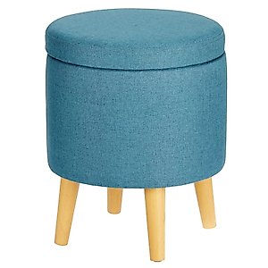 mDesign Round Storage Ottoman Foot Rest Chair - Small Stool Furniture Organizer and Seat with Wood Legs for Dorm, Living Room, Office, Closet, Vanity, Bedroom, or Desk - Teal Blue