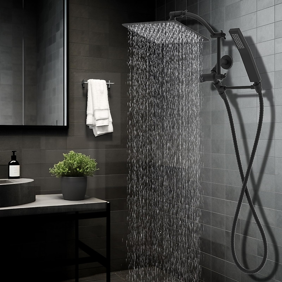 Hibbent All Metal 10'' Rainfall Shower Head, Square Shower Head Combo, High Pressure Handheld Shower Wand, 16'' Adjustable Arc-shaped Shower Extension Arm, 71'' Hose, 2 Showerhead Holders, Matte Black