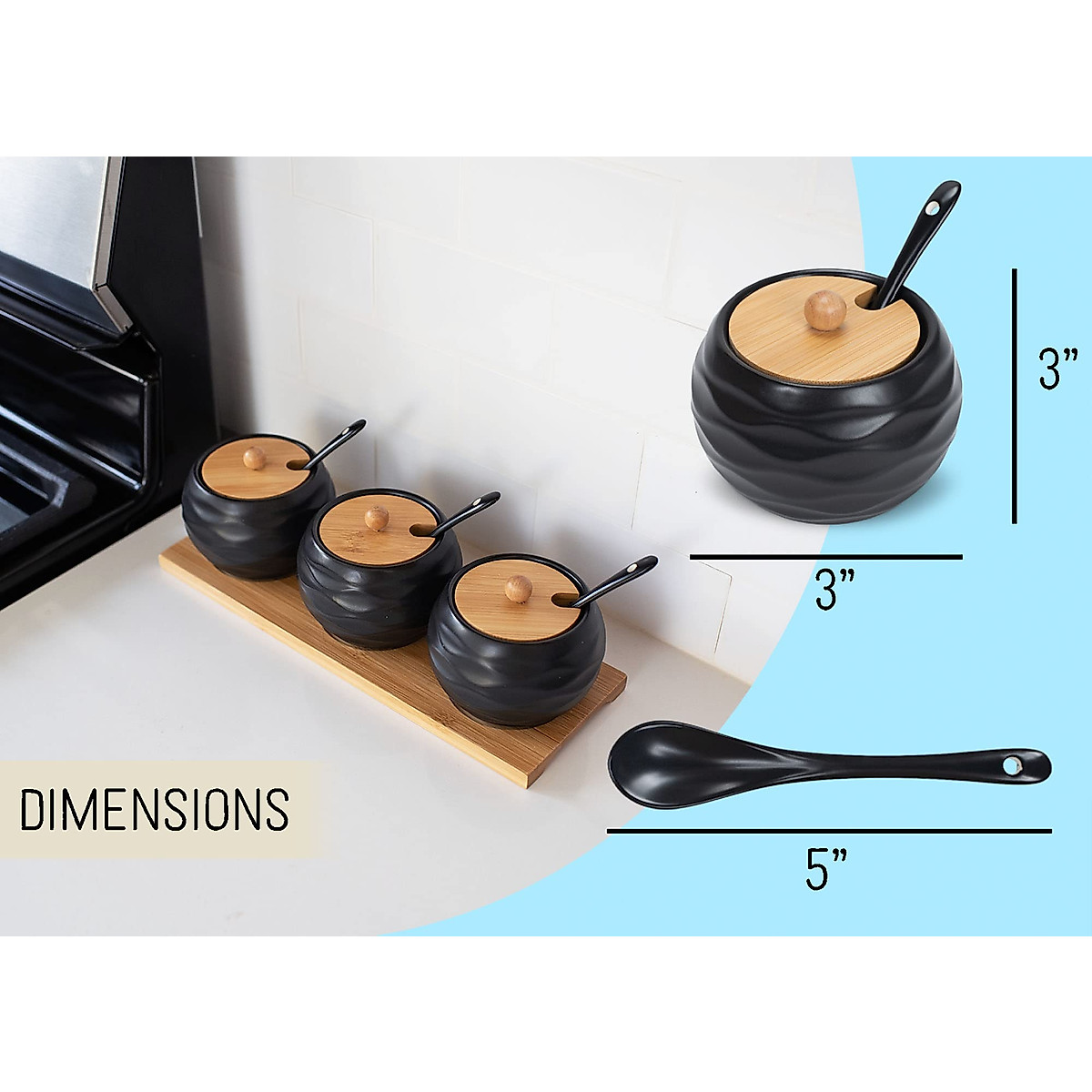 Nat & Jules Round Black 9 ounce Stoneware Spice Container and Tray Set