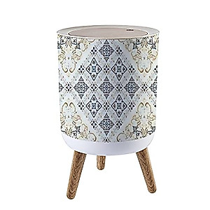 Small Trash Can with Lid Seamless Based on Ornament Paisley Bandana Print Vintage Style Silk Wood Legs Press Cover Garbage Bin Round Waste Bin Wastebasket for Kitchen Bathroom Office 7L/1.8 Gallon