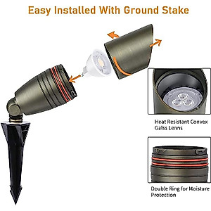 CINOTON Low Voltage Landscape Spotlights Outdoor, Solid Brass Directional Uplights Included MR16 LED Bulb Ground Stake Spot Up Landscape Lighting Fixture for Garden Patio