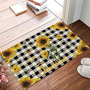 Door Mat for Bedroom Decor, Rustic Sunflowers Farm Honey Bees You My Sunshine Black Plaid Floor Mats, Absorbent Rugs for Living Room, Non-Slip Bathroom Rugs Home Decor Kitchen Mat Area Rug 18x30 Inch