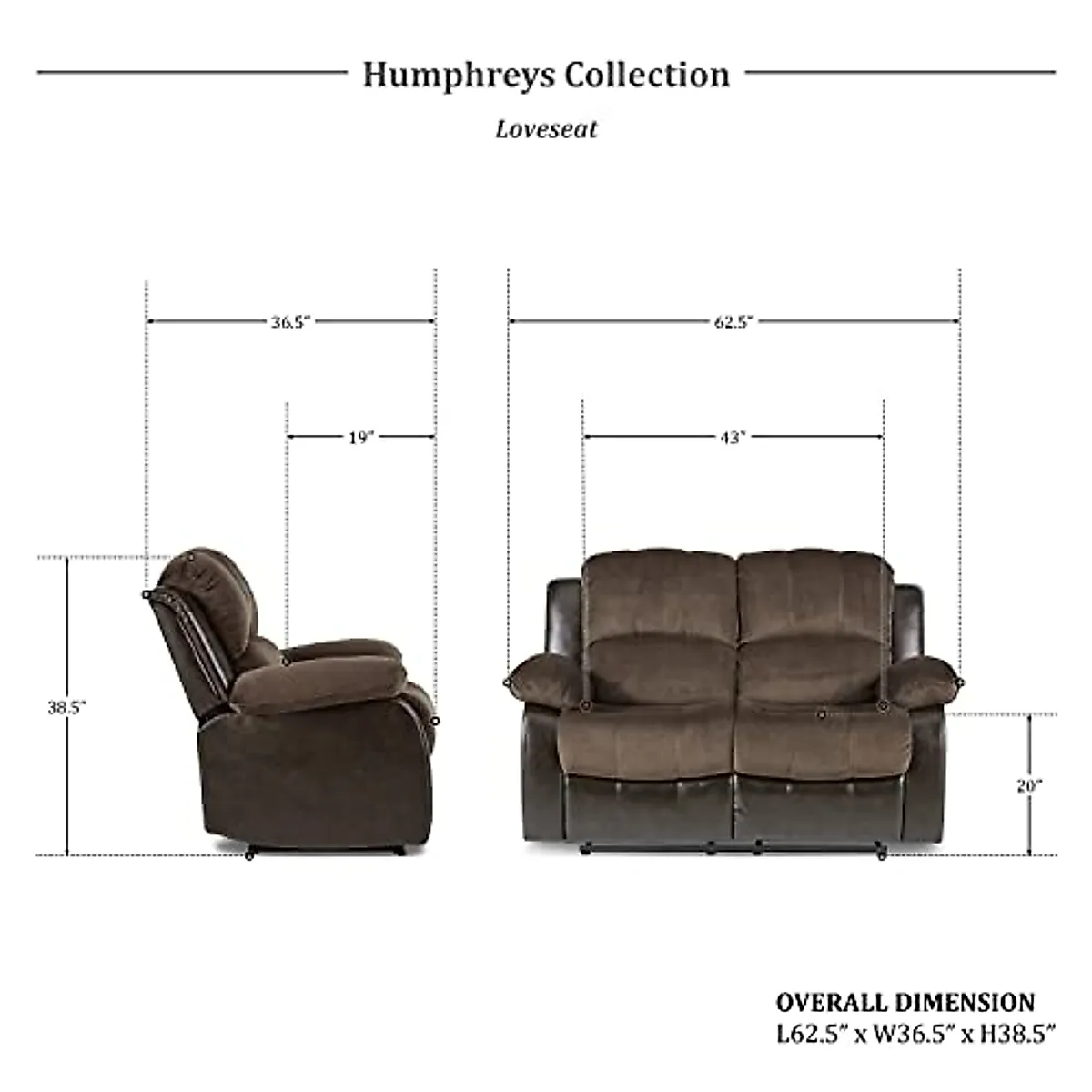 Lexicon Humphreys Loveseat Recliner - Soft Faux Leather Double Reclining Sofa, Manual Pull Tab, Wall Hugger, High-Density Foam, Solid Wood Frame, Easy Assembly, 62.5"W, Living Room, RV - Brown Shades