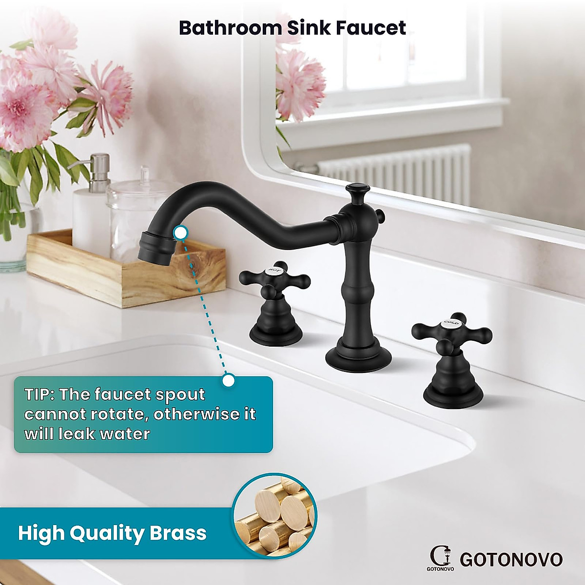 gotonovo 3 Hole Matte Black Bathroom Sink Widespread Faucet Mixing Tap Deck Mount Double Handle Cross Knobs Faucet with Pop Up Drain
