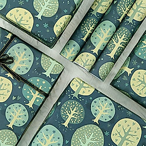 Green Tree Wrapping Paper,White Kraft Gift Wrapping Paper for Boys,4 Folded Sheets Cartoon Wrapping Paper with String for Kids Birthday Baby Showers Christmas Father's Day Party Gift Wrap,28*20 Inch