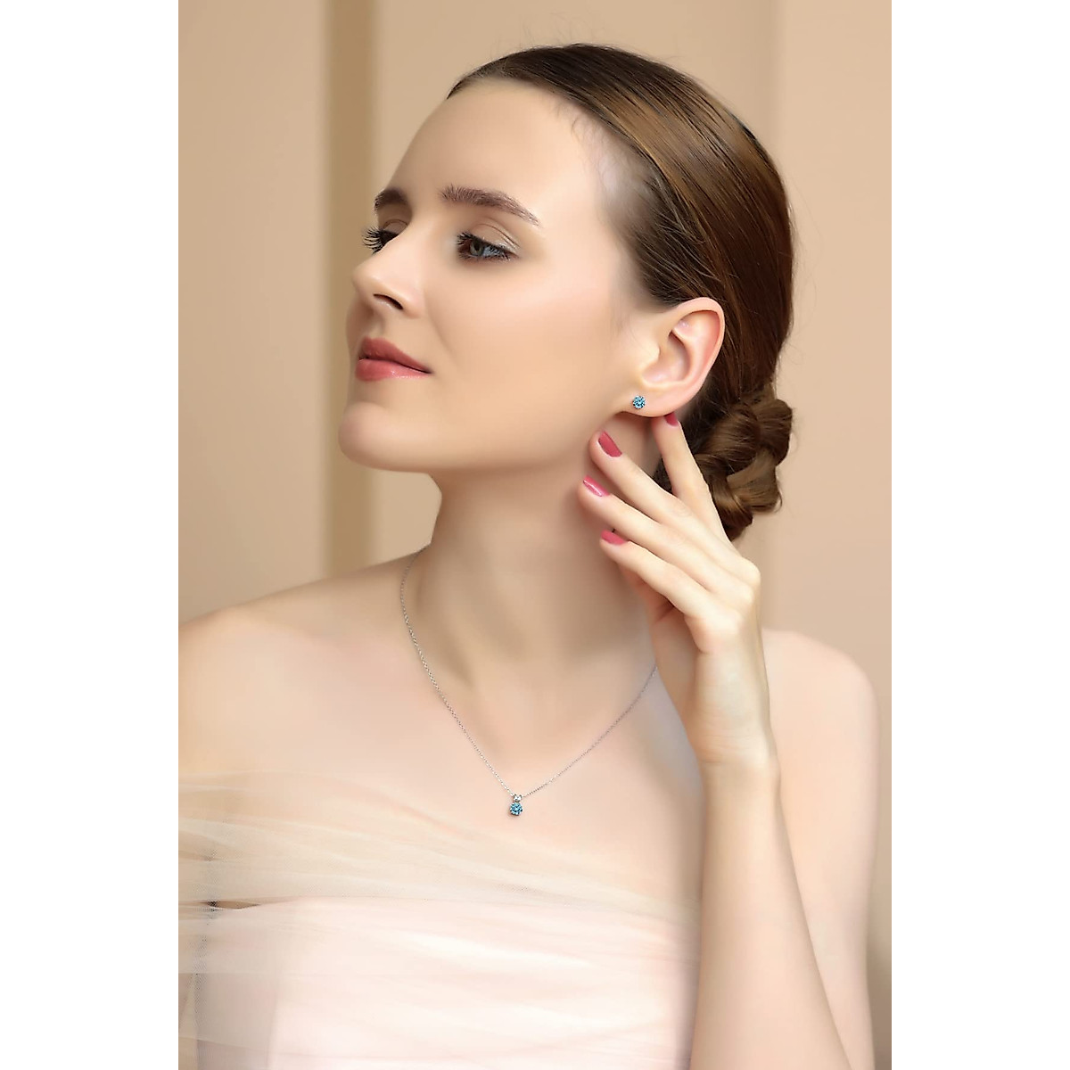 B. BRILLIANT Sterling Silver Solitaire Light Blue European Crystals Necklace & Stud Earrings Jewelry Set for Women | March Birthstone