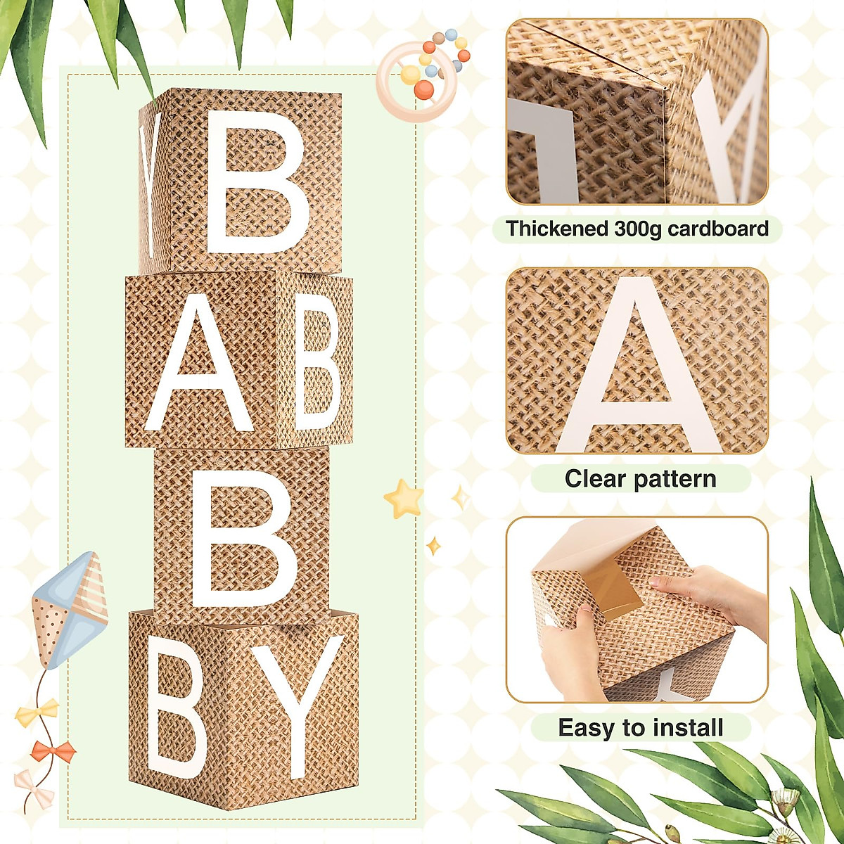 Noveread 6 Pcs Burlap Print Baby Shower Party Decorations Baby Flower Boxes Centerpiece Rustic Burlap Table Display with Letters for Gender Reveal Party Gender Neutral Baby Shower Centerpiece Decor