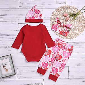 Sasaerucure 4PCS Valentine's Day Outfit Baby Girl Boy Infants My First Valentine's Day Long Sleeve Romper Pants Hat Headband Set (Daddy's Little Valentine, 0-3 Months)