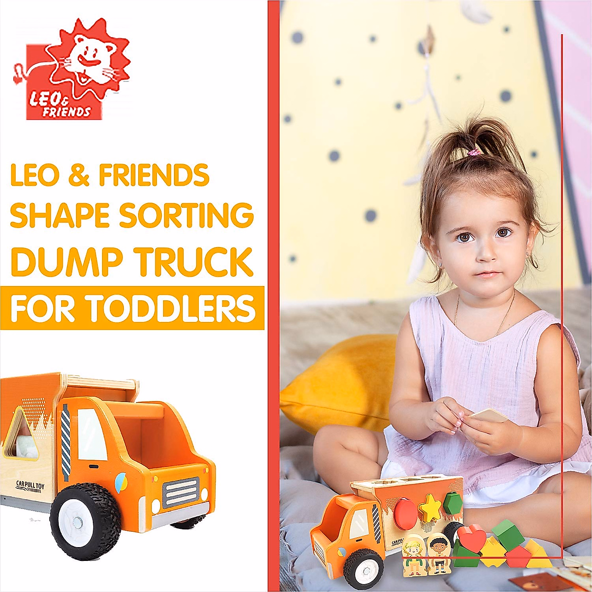 Leo & Friends Shape Sorting Dump Truck - Toddlers Educational Shape Sorter Car - 9 Different Wooden Shape Sorter Toy for Kids - Wooden Vehicle Toys - Perfect Birthdays Holidays and Christmas Gifts