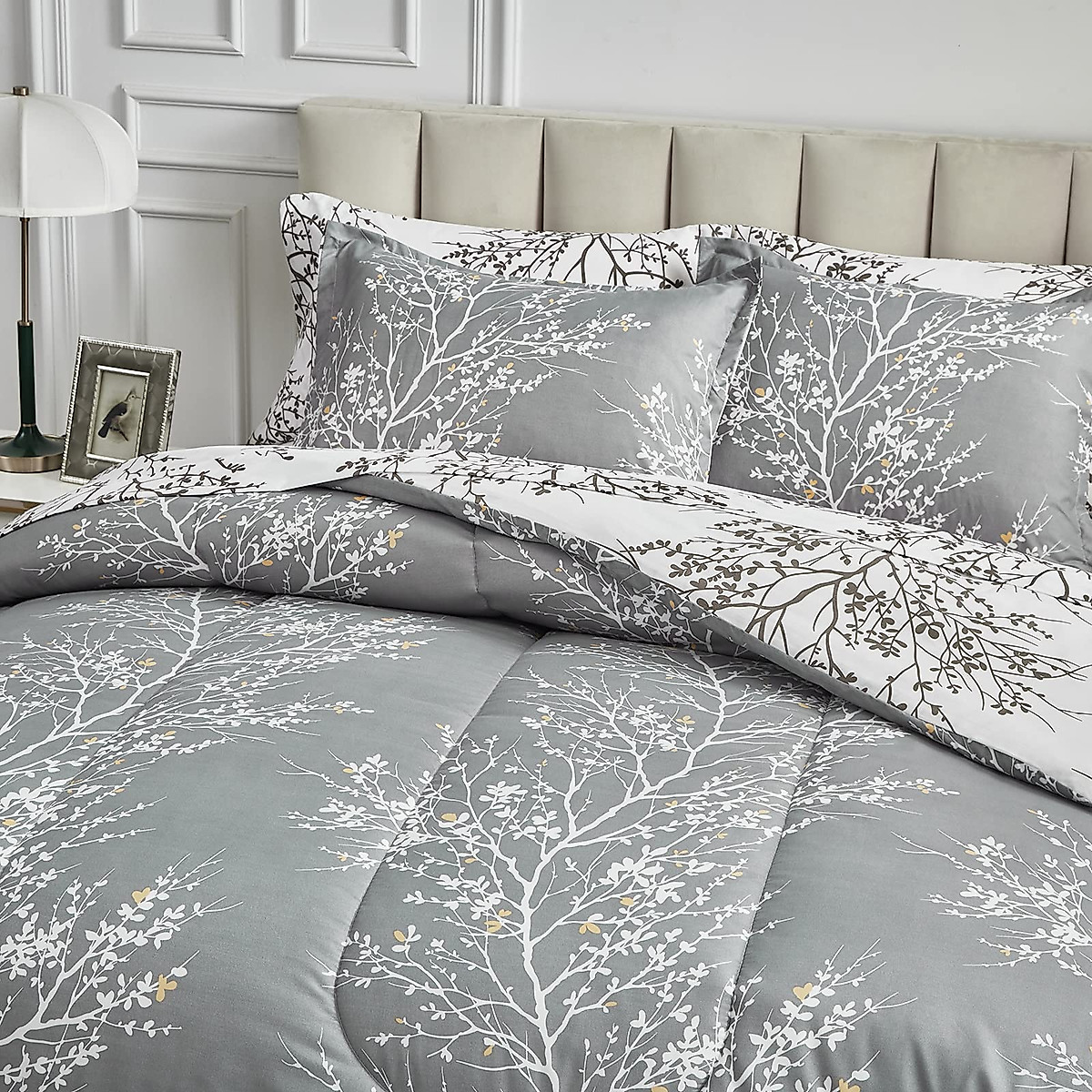 Flysheep Gray Comforter Set Queen Size, Branch with Yellow Flower on Grey and White Reversible Modern Bedding Set, Ultra Soft Microfiber for All Season