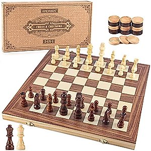 AMEROUS 15'' Wooden Chess & Checkers Set, 2 in 1 Board Games -2 Extra Queens -24 Cherkers Pieces - Gift Box Packed - Chessmen Storage Slots, Beginner Chess Set for Kids and Adults