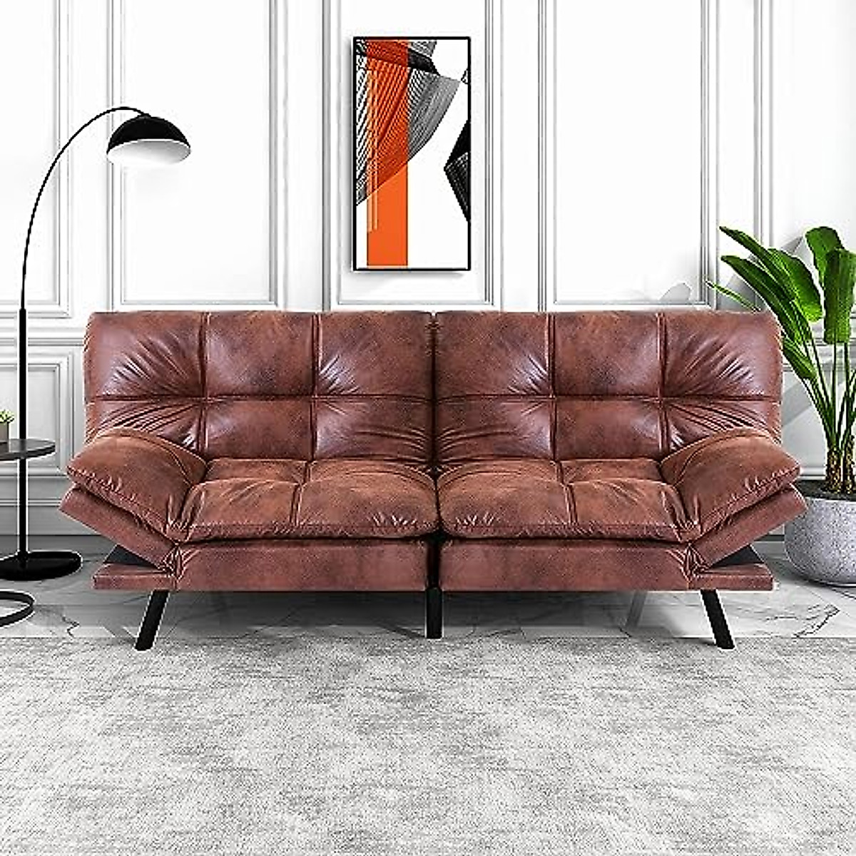 IULULU Futon Sofa Bed Faux Leather Couch with Adjustable Armrests, Modern Industrial Sleeper Daybed for Small Spaces, Living Room, Compact Apartment, Office, House, Condo, Loft, Bungalow, Brown