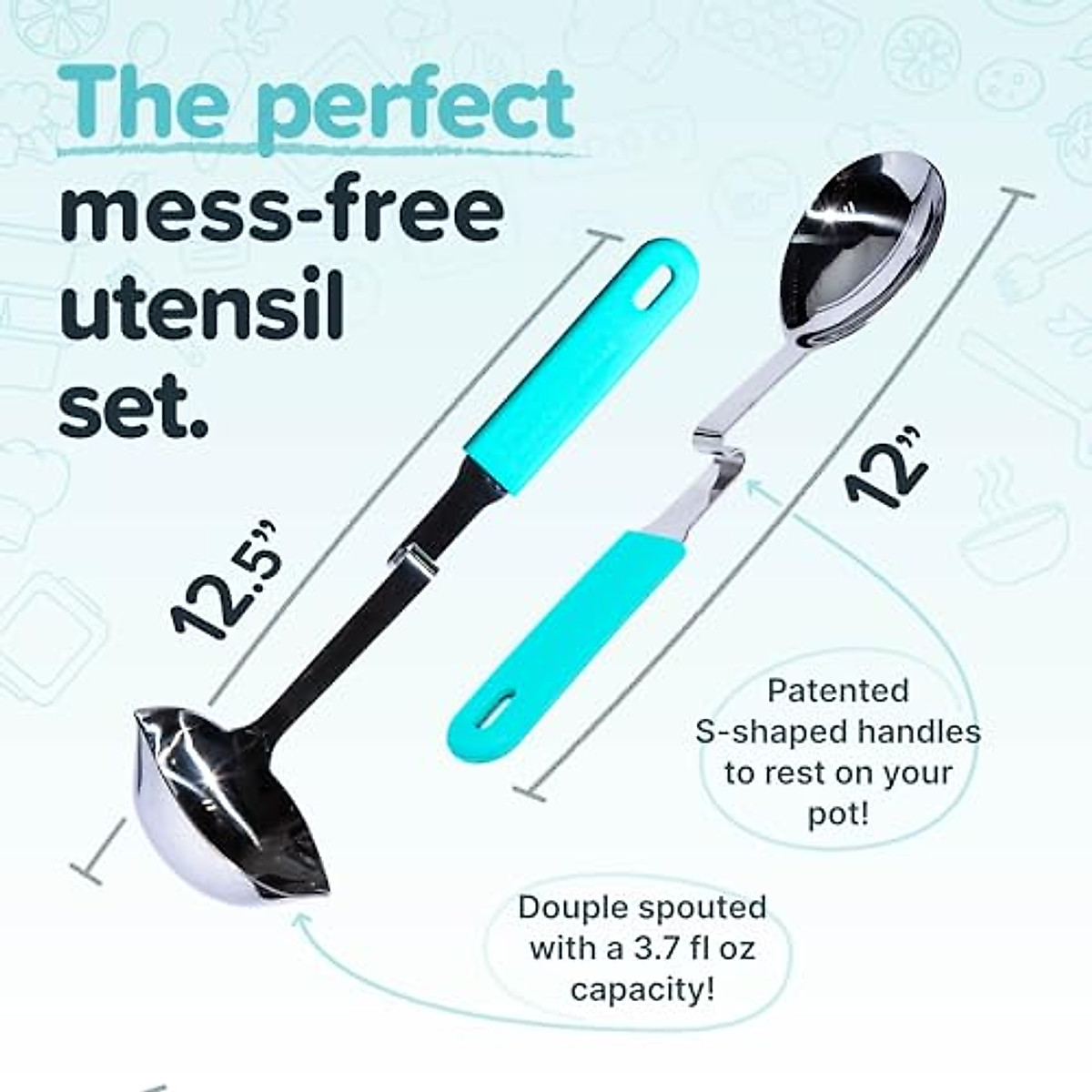 Souper Cubes + Lori Greiner No Mess Silicone Handle Stainless Steel Ladle and Serving Spoon Set - Kitchen Utensils for Cooking and Serving - Aqua Color - 2 Piece Set Spouted Ladle and Spoon