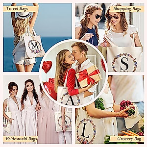 AUNOOL Monogrammed Tote Bag with Makeup Bag, 13oz Canvas Tote Bag for Women Floral Initial Tote Bag Bridal Shower Gifts for Bride To Be Personalized Gifts for Teachers Friends Sister, Letter E