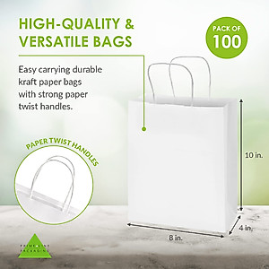 Prime Line Packaging 8x4x10 100 Pack Small White Kraft Paper Shopping Bags with Handles, Business, Boutiques, Retail, Birthdays, Party Favors, Bulk