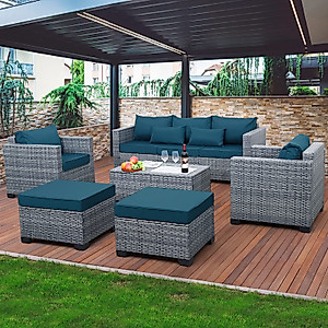 Lviden 6 Pieces Wicker Patio Furniture Sets Outdoor Conversation Set PE Rattan Sectional Sofa Couch with Storage Table and Peacock Blue Cushions