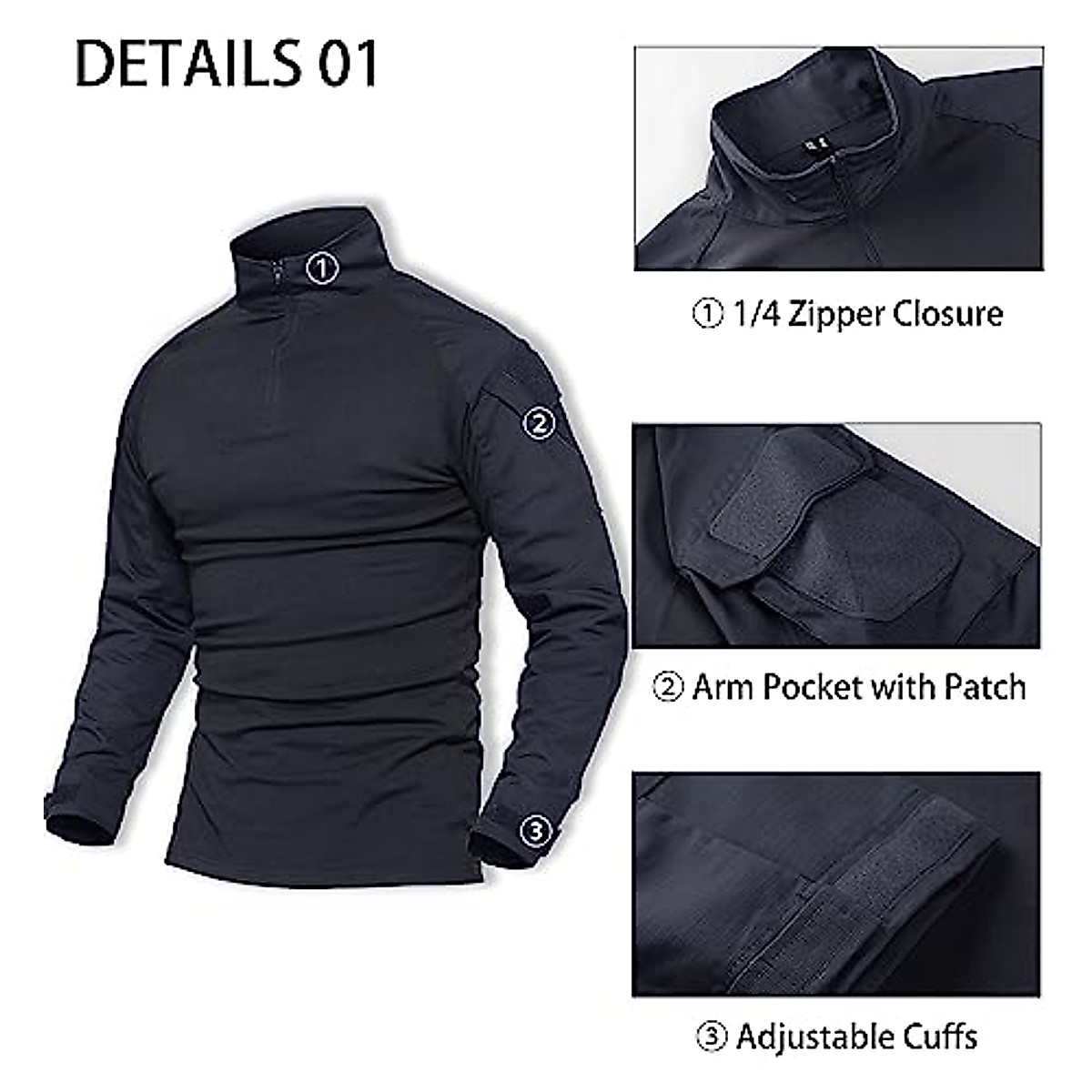 MAGCOMSEN Tactical Men's T-Shirt with Pockets, Long Sleeve, Zipper, High Neck, Lightweight, Black