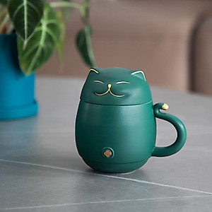 HEER Ceramic Tea Cup with Infuser and Lid, Cute Lucky Cat Coffee Mug Gift for Cat Lovers, Chinese Loose Leaf Tea Steeper. (Green)