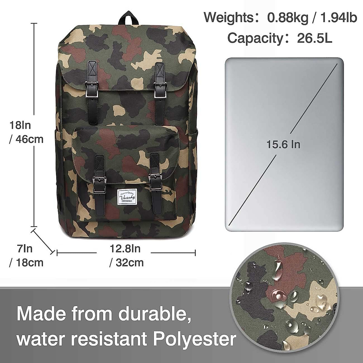 VASCHY Backpack for Men, Fashion Water-resistant Rucksack College Backpack Camouflage