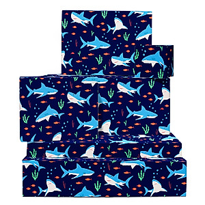 CENTRAL 23 Shark Wrapping Paper - 6 Sheets of Gift Wrap and Tags - Sharks and Fish - Underwater Theme - Blue Wrapping Paper for Boys - Girls Birthday Wrapping Paper - Gift for Kids - Recyclable