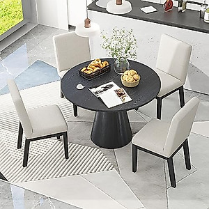 HZXINKEDZSW Wood Round Dining Table Set for 4 Persons,Retro Style 5-Piece Kitchen Dining Set with 4 Linen Fabric Upholstered Chairs for Dining Room,Living Room,Black