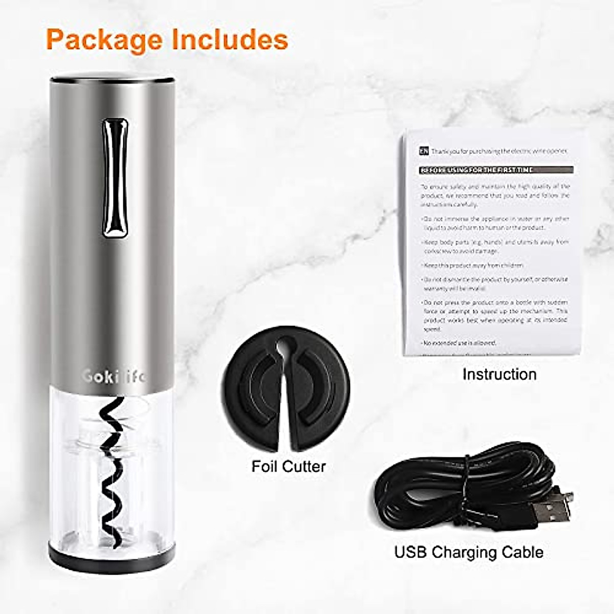 Gokilife Electric Wine Opener, Automatic Rechargeable Wine Bottle Corkscrew Opener with Foil Cutter, One-click Button Wine Bottle Openers with LED Light for Home Party Restaurant (Silver01)