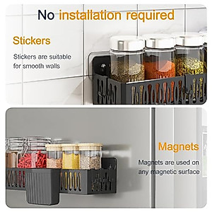 Sevenblue 4 Pack Magnetic Spice Rack for Refrigerator, Spice Rack Organizer, Moveable Magnetic Shelf Fridge Organizer with 4 Hooks and 2 Hanging Cups for Kitchen and Oven Organization, Black