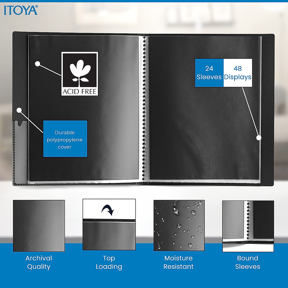 Itoya Polyproplene Art Storage/Display Books 18" x 24" | 24 Pages/48 Views | Scrapbooking Stickers 4 Pages of Emojis, Quotes, Letters & Numbers