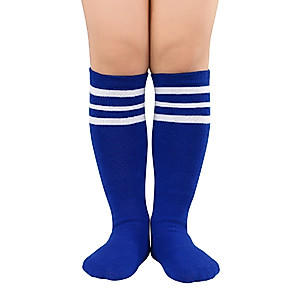 Zando Kids Child Sport Soccer Socks 4-6 Toddler Knee High Tube Socks Three Stripes Soccer Socks 4 Year Old Cotton Cute Stockings Athletic School Socks for Girls L Blue White & Black White 3-6 Years