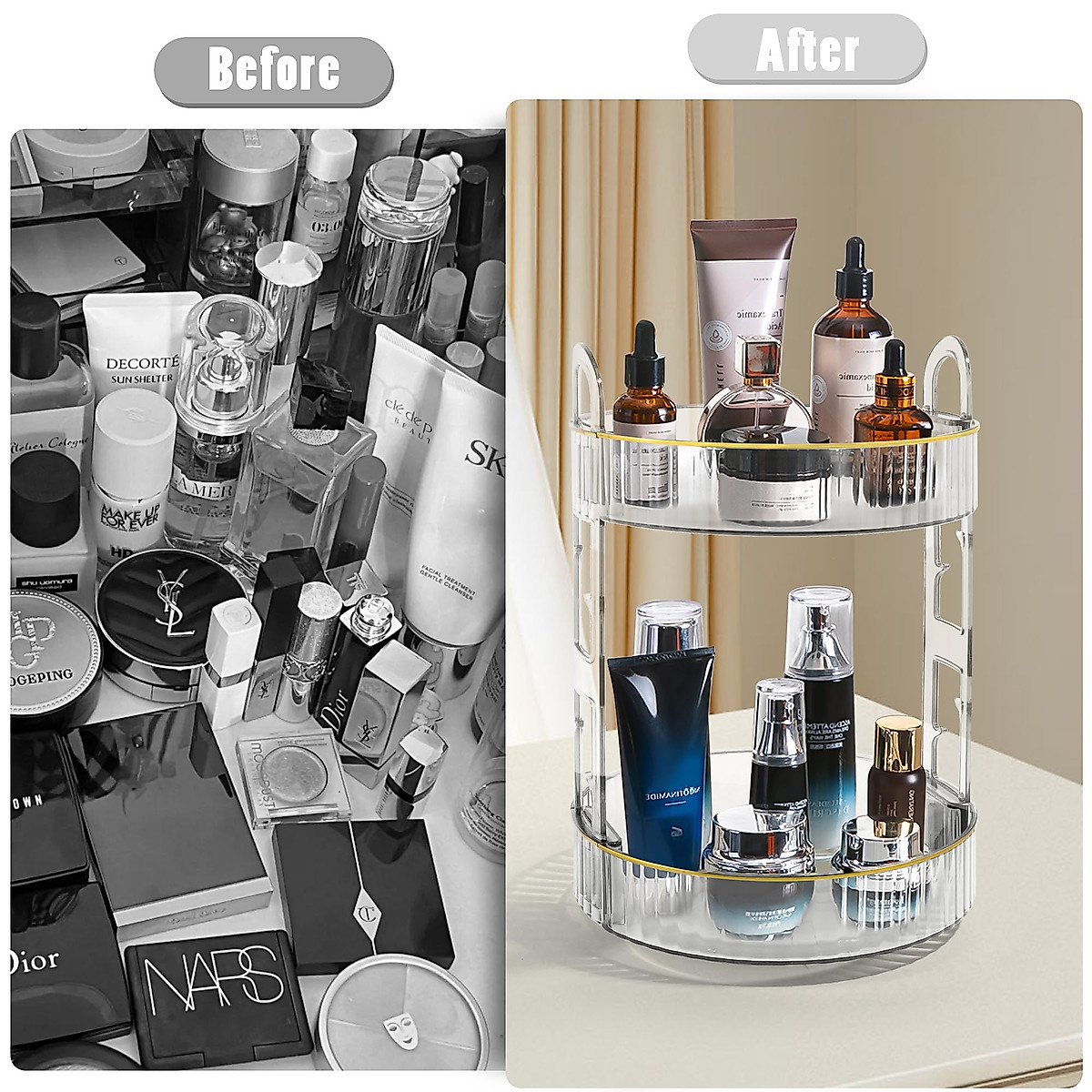 TENDER EPOCH 360 Rotating Makeup Organizer for Vanity,High-Capacity Cosmetics Skincare Organizers and Storage, Bathroom Countertop Organizer Spinning Perfume Organizer - 2 Tier - Clear