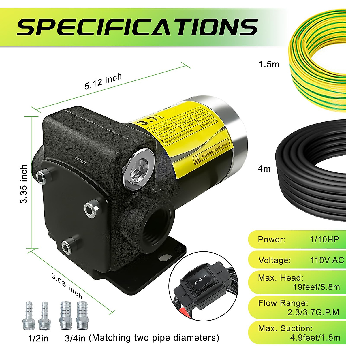 110V Automatic Gasoline Fuel Transfer Pump with Forward and Reverse Pumping, 2.3/3.7 GPM Portable Self-priming Fuel Oil Transfer Pump for Gasoline, Diesel, Kerosene, Biodiesel and More