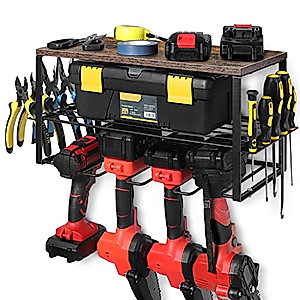 Power Tool Organizer Power Tool Storage Rack Drill Holder Wall Mount Heavy Duty Floating Tool Shelf Drill Charging Station with 4 Hanging Slots for Cordless Drill Workshop Garage Organization brown