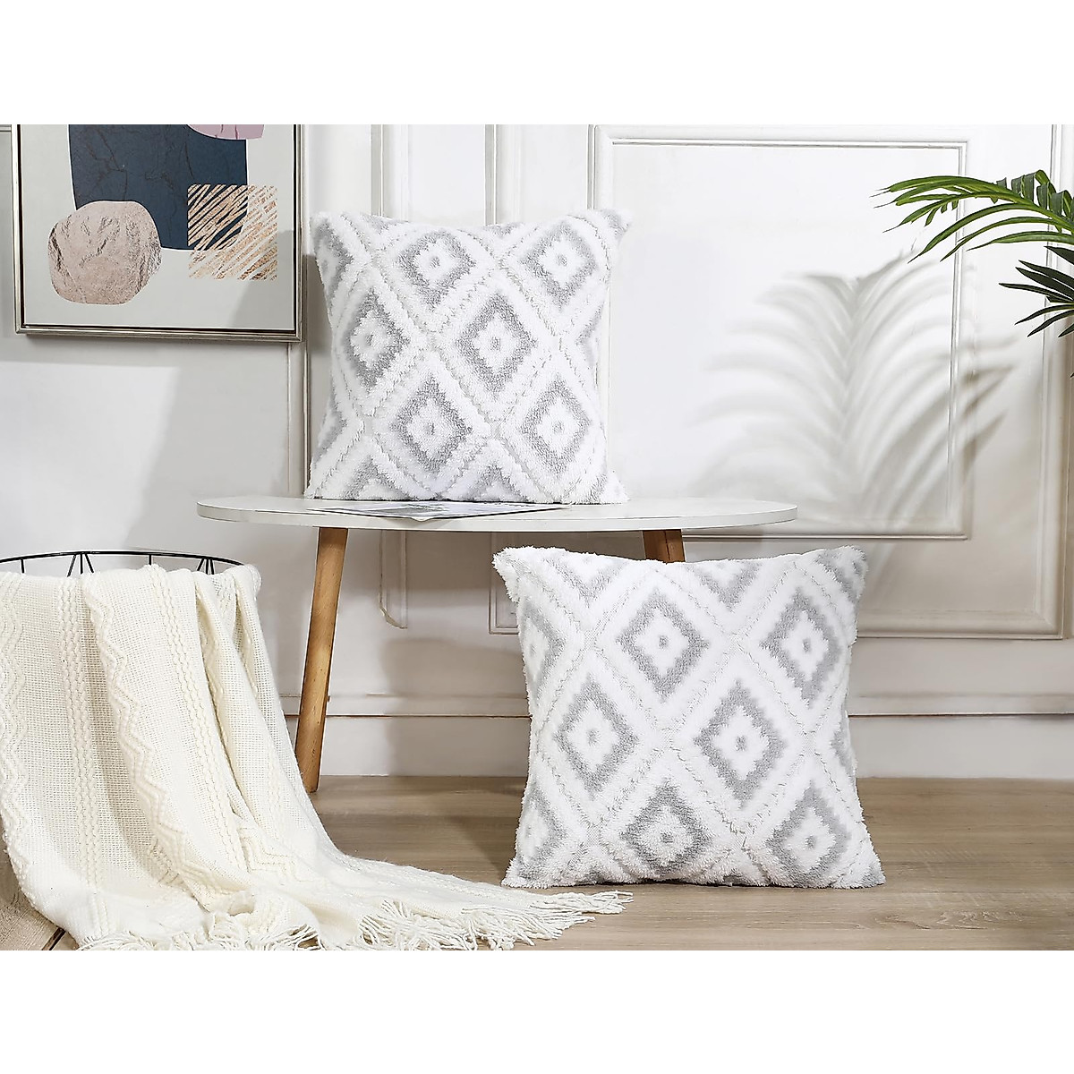 NUYECY Faux Fur Boho Throw Pillow Covers 20 x 20 Light Grey,Super Soft Plush Decorative Checkerboard Pattern Neutral Fur Square Pillow Cover Pillowcase Cushion Covers for Sofa Couch Bed Farmhouse