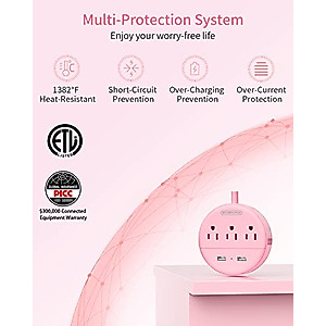 Rose Pink Power Strip with USB, NTONPOWER Flat Plug Extension Cord Nightst&Desktop Charging Station with 3 Outlet &2 USB, Wall Mount, Small Size for Dorm Room Home Office Travel, ,'5 FT Cord