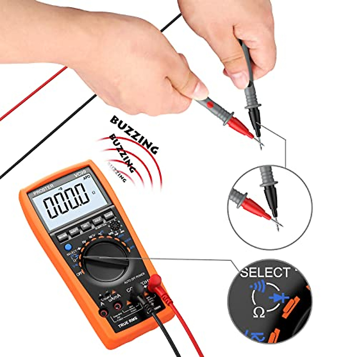 Proster Autoranging Multimeter 6000 Count TRMS Digital Multitester NCV AC DC Current Voltage Tester Amp Ohm Volt Meter Capacitance Test Temperature Measurement Continuity Tester