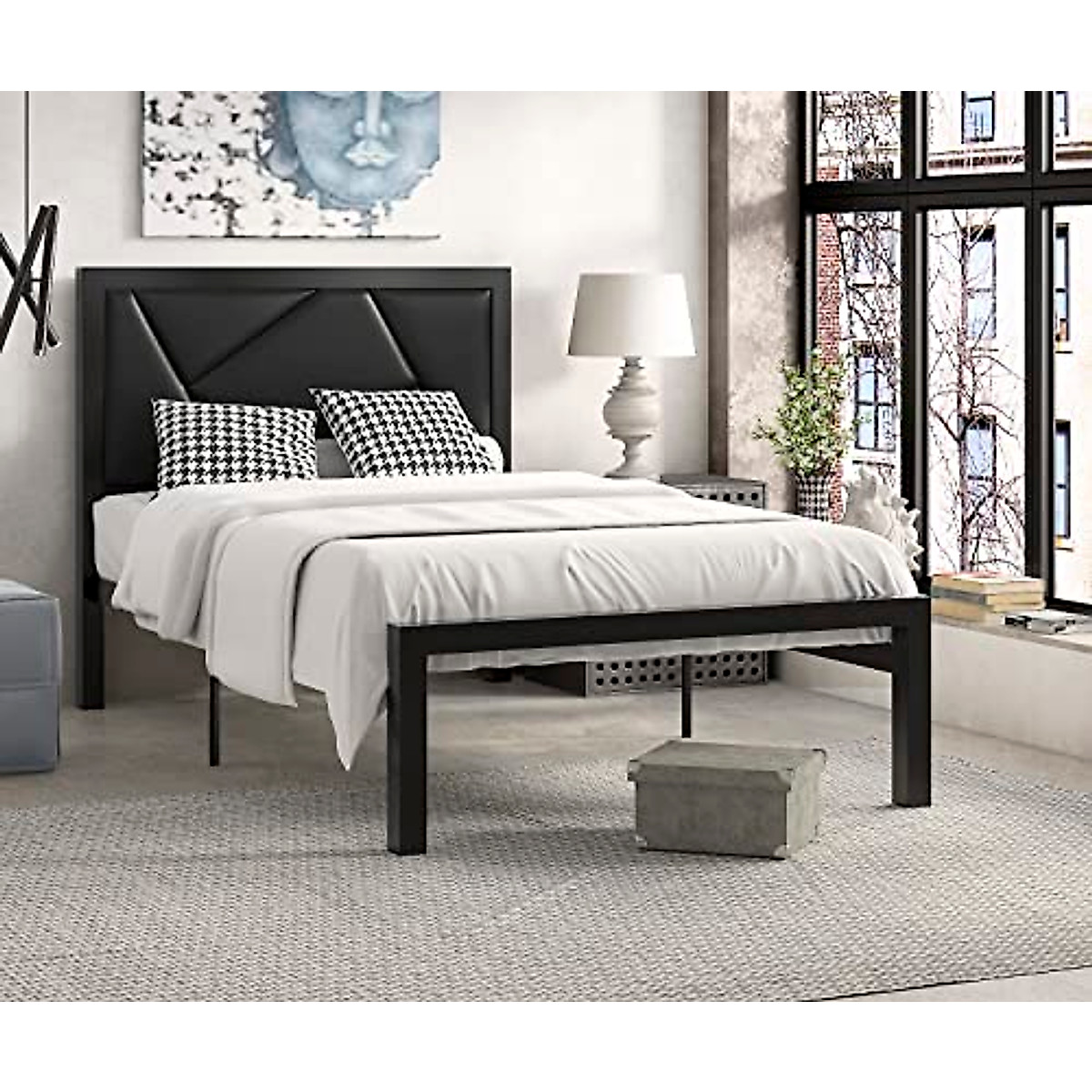 SHA CERLIN Modern Twin Size Metal Bed Frame with Geometric Litchi Grain Leather Headboard, Platform Bed with 12" Underbed Storage Space, Metal Slat Support, Noise Free, No Box Spring Needed, Black