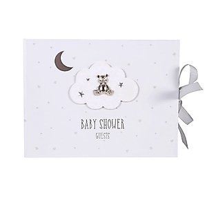 Happy Homewares Beautiful Ivory White Baby Shower Guest Book with Silver Plated Teddy Bear and Stars | 40 Lined Sheets | Luxurious Grey Fabric Ribbon