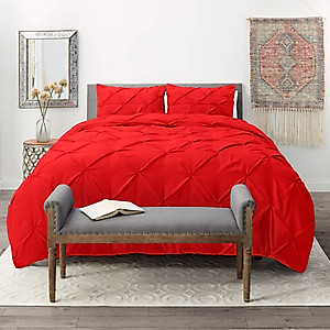 Good Night Bedding Duvet Cover Set - Pinch Pleated 3 Piece Duvet Cover Set 100% Cotton 800 Thread Count with Zipper & Corner Ties Tuffed Pattern Pintuck Decorative (King/Cal King, Red) Duvet Set