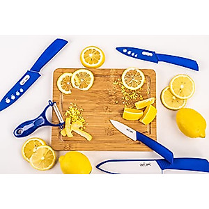 Serrated Royal Blue Ceramic Knife Set with 5" Serrated Knife, Kitchen Knife Set - Includes 3”, 4”, 5”, 6” Ceramic Knives, Matching Sheaths and a Matching Vegetable Peeler in a Gift Box